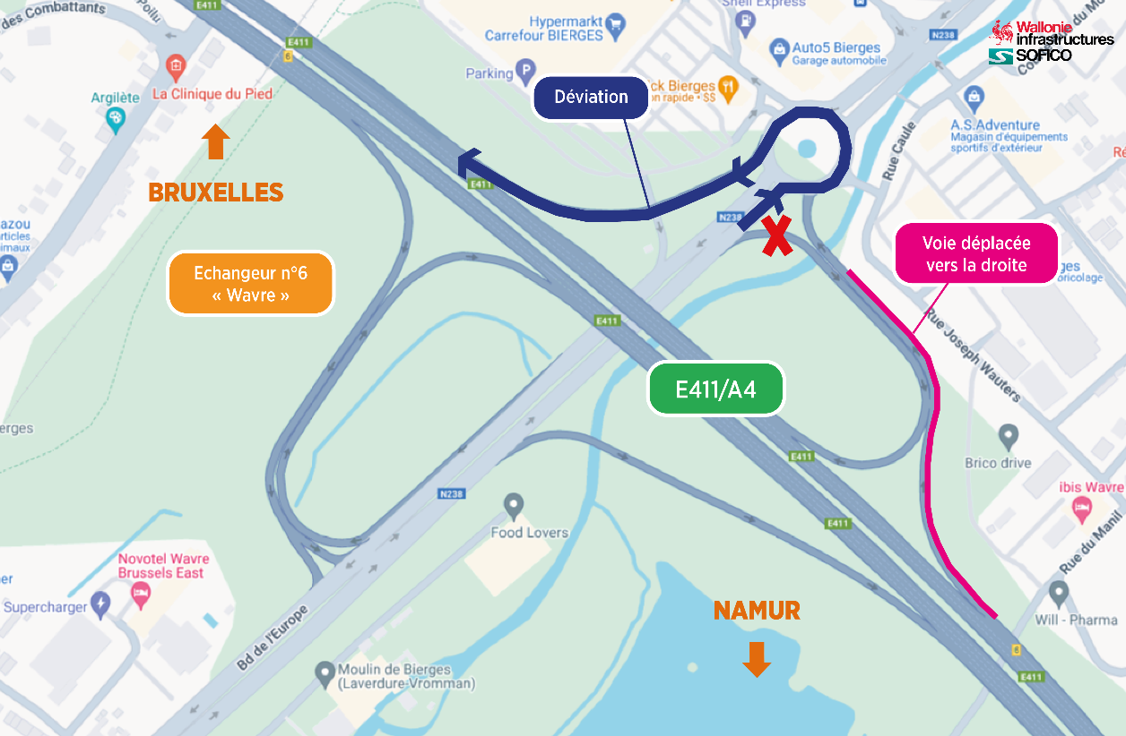 Chantier sur la bretelle de sortie E411 à Wavre : accès vers l ...